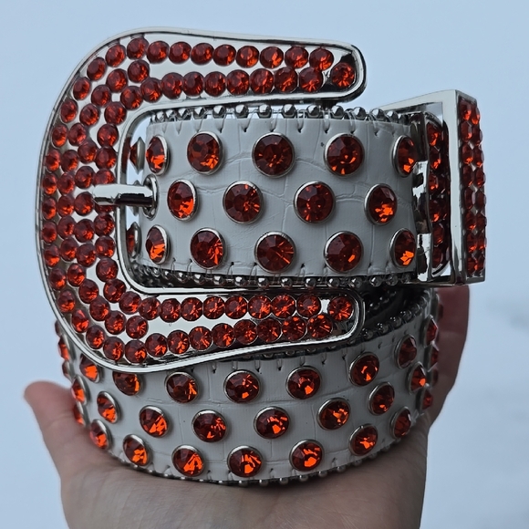 Accessories | New Western Rhinestone Bling Belt White Orange Men Women ...